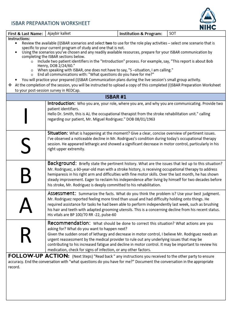 ISBAR Communication Preparation Guide | PDF | Physical Therapy ...