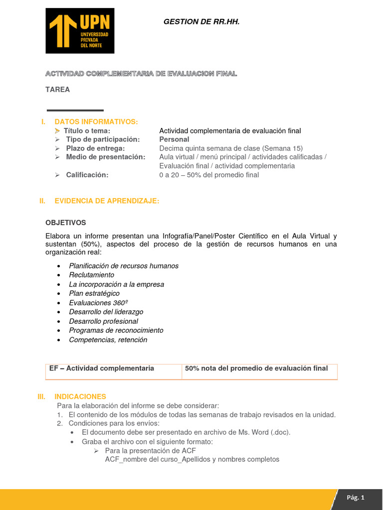 Actividad Complementaria Final - Rrh1201a | PDF | Gestión de recursos humanos | Evaluación