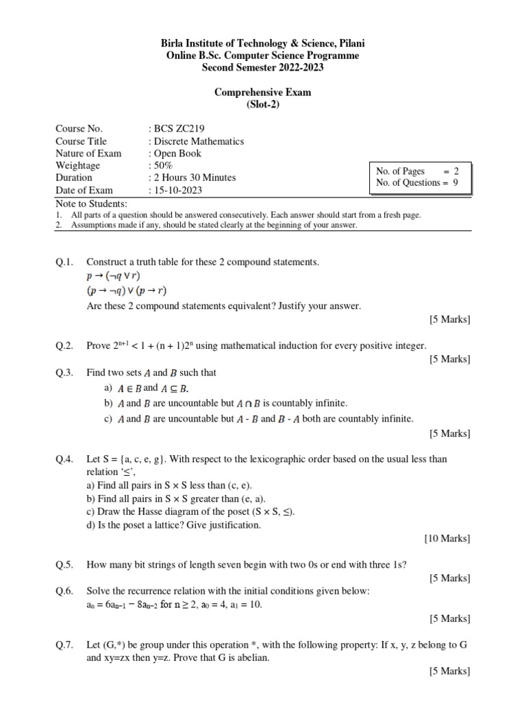 2023-2024 - SEM - 1 - Online B.Sc. CS-Batch 2 - SEM 1 - BCS ZC219 - Discrete Mathematics - EC-3 ...