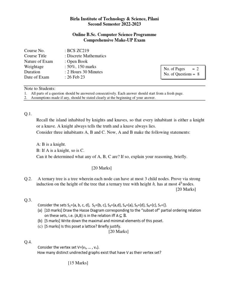2022-2023 SEM 2 Online B.sc. CS-Batch 1 BCS ZC219 Discrete Mathematics EC-3 MAKEUP 26-02-2023 ...