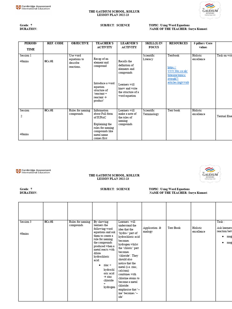Gr7 CIE LP Unit - Chemical Changes Topic - Word Equations | PDF | Chemical Compounds | Chemistry