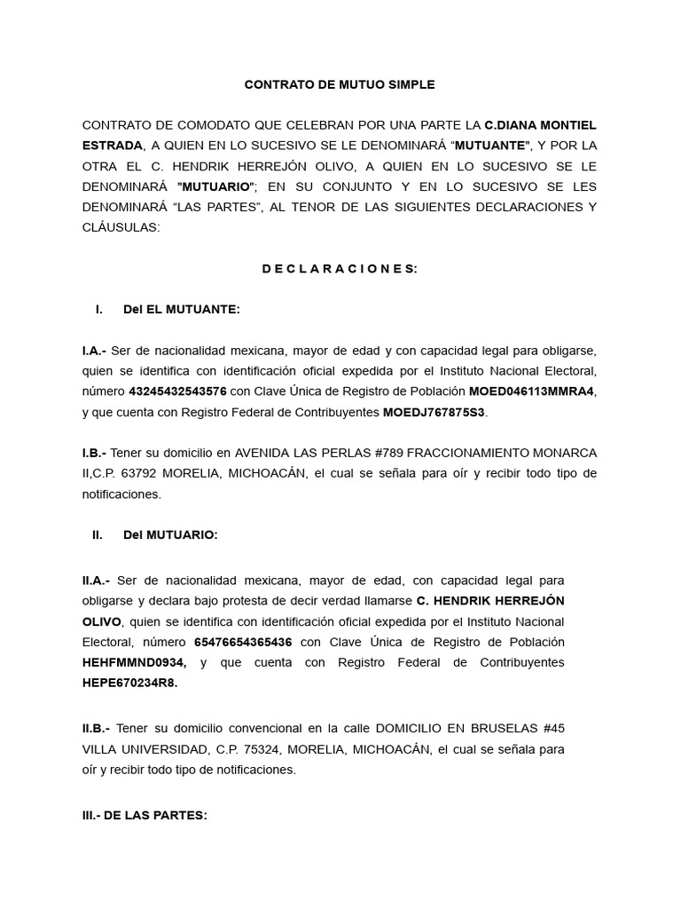 Contrato de Mutuo Simple | Descargar gratis PDF | Justicia | Crimen y ...