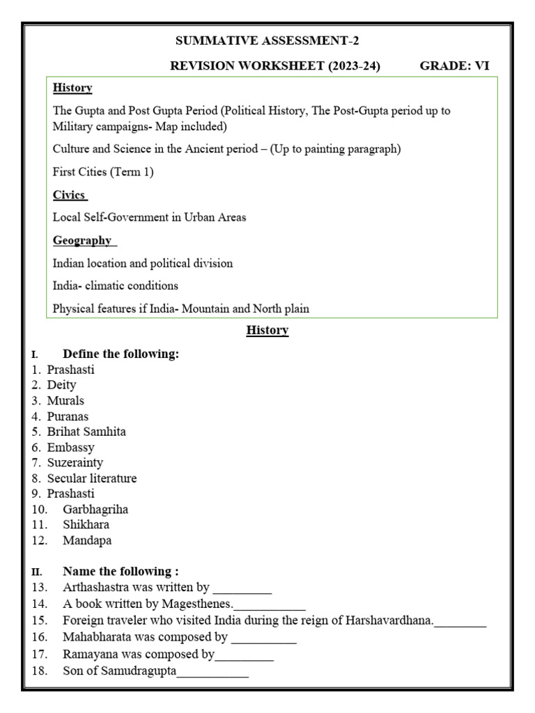 Grade 6 SA2 Revision Worksheet 2023-24 | PDF | Monsoon | Physical Geography