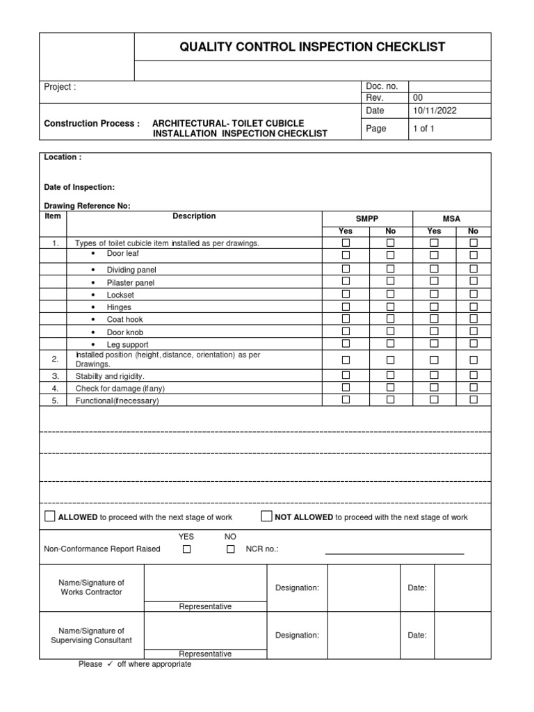 TOILET CUBICLE INSTALLATION INSPECTION CHECKLIST Rev 00 | PDF