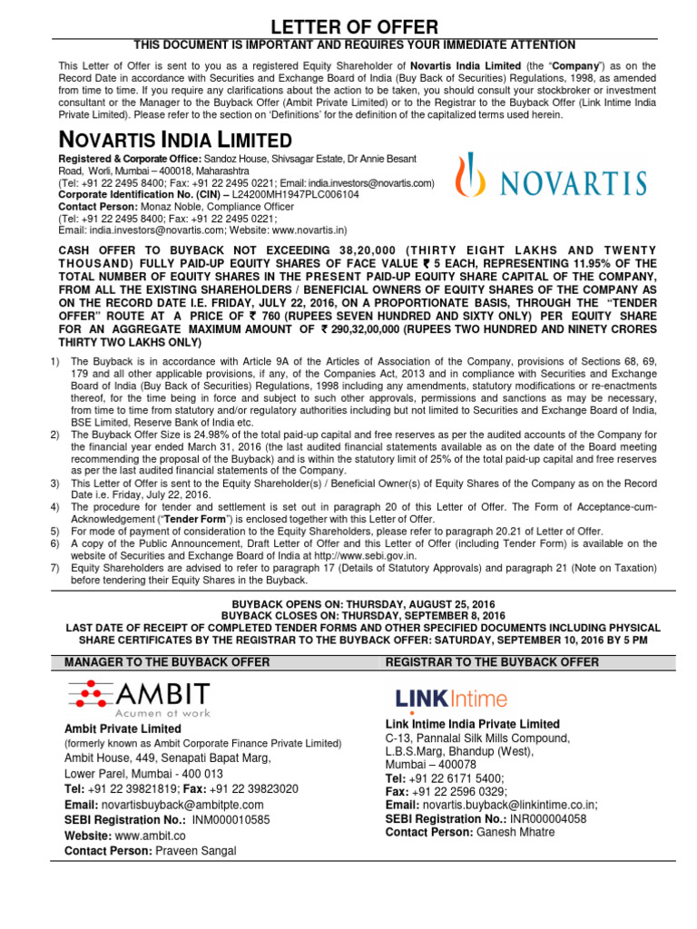 Letter of Offer | PDF | Share Repurchase | Stocks