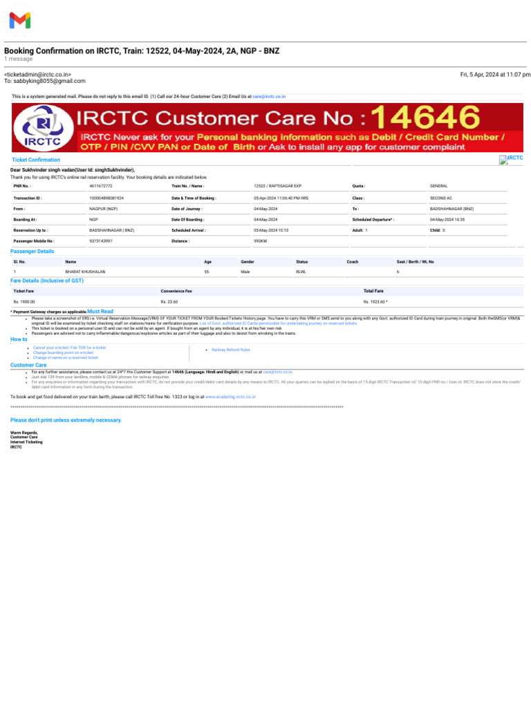 Gmail - Booking Confirmation On IRCTC, Train - 12522, 04-May-2024, 2A ...