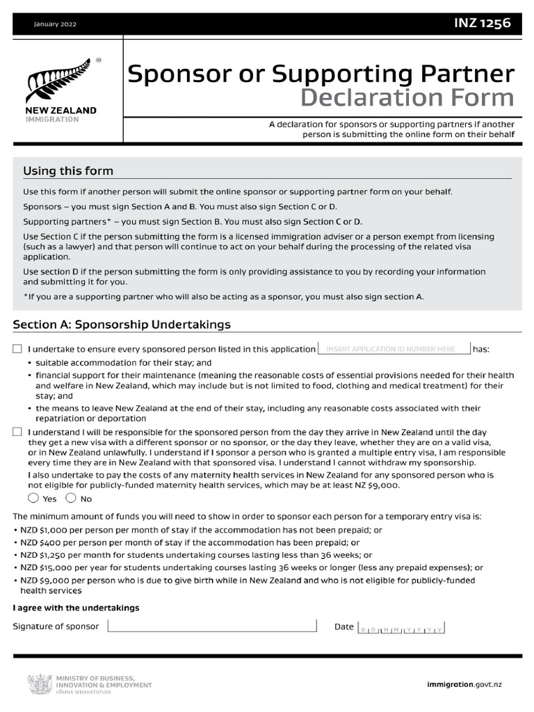Sponsor or Supporting Partner Declaration Form INZ1256 | PDF