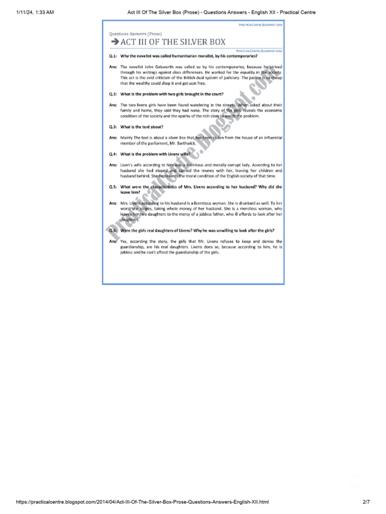 English XII: Silver Box Act III Q&A | PDF | History