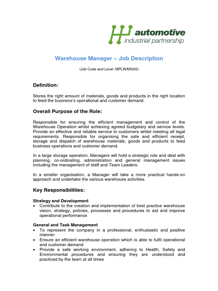 Warehouse Manager Job Description | PDF | Warehouse | Safety