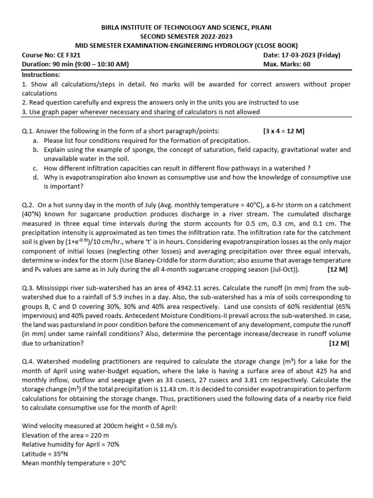 Waste Water Treatment 2023 Mid Sem Question Paper | PDF | Discharge (Hydrology) | Evapotranspiration