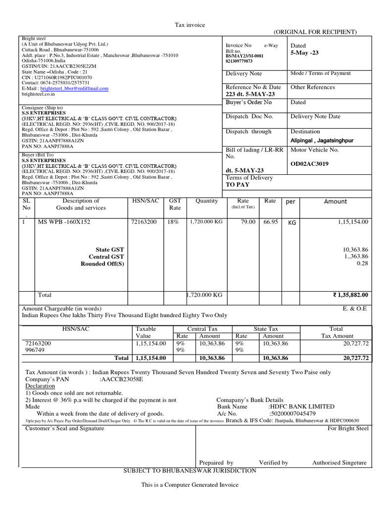 Bright Steel Invoice | PDF | Payments | Taxes