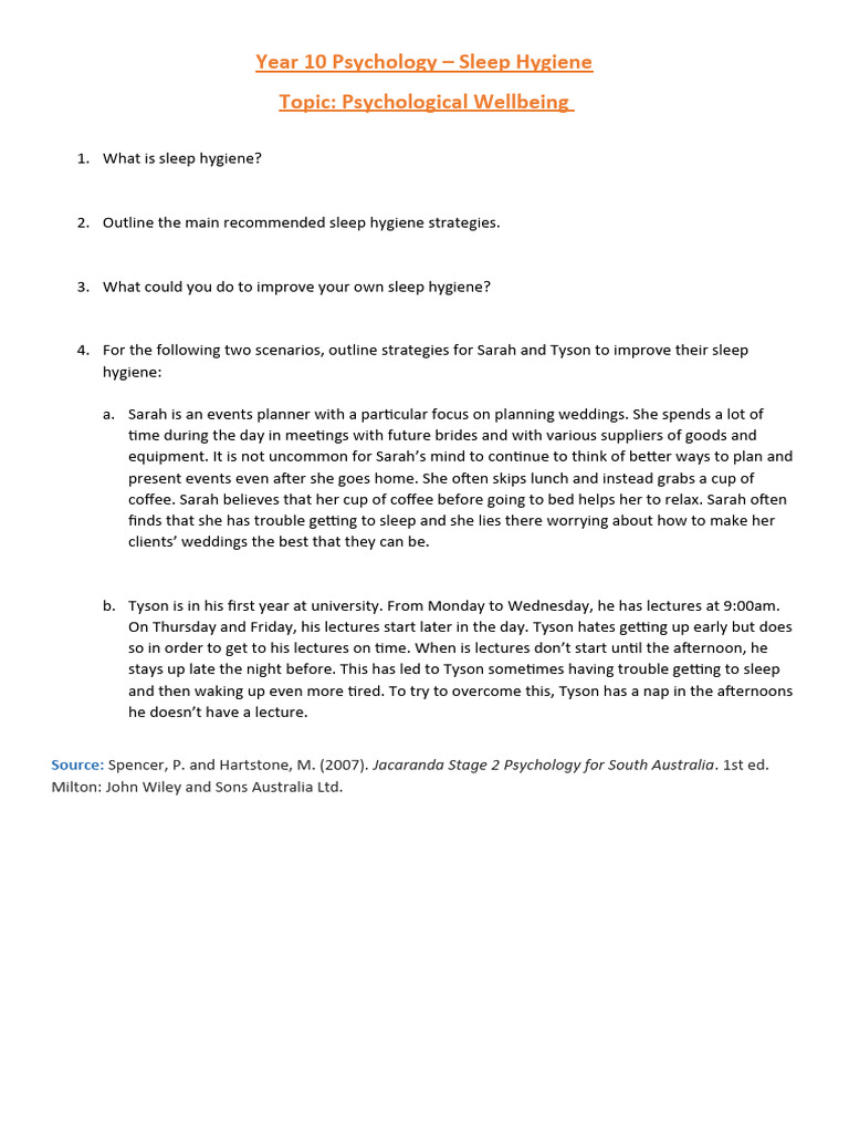 Sleep Hygiene Worksheet - Year 10 Psychology | PDF