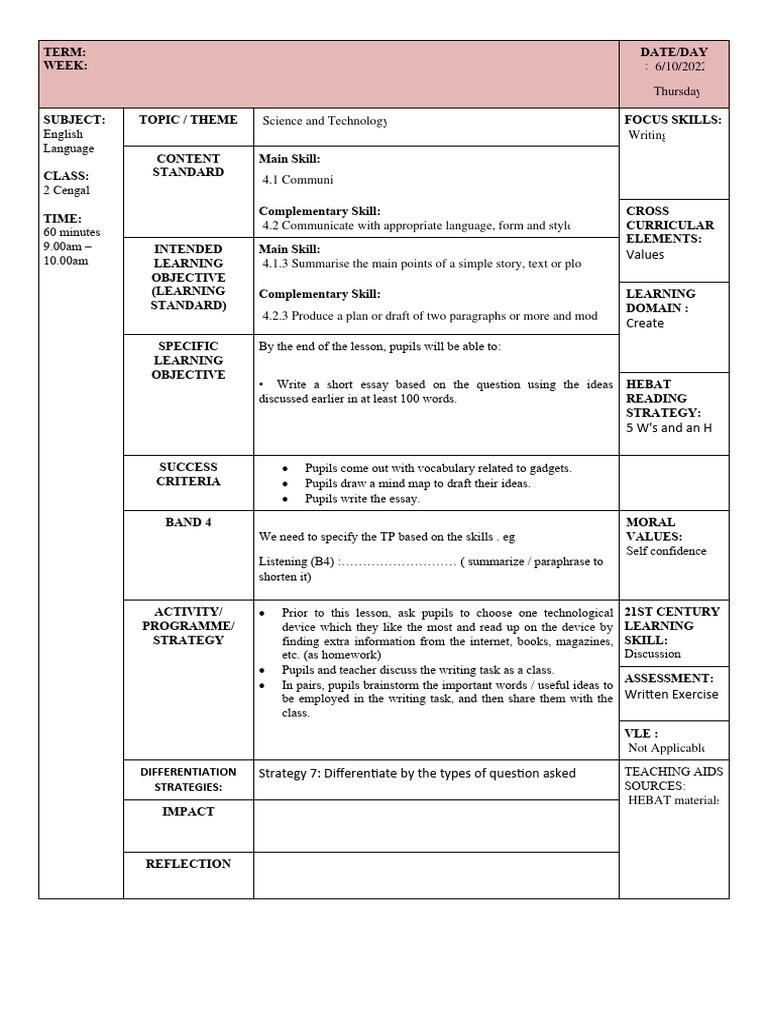 TS25 English Lesson Plan Edited | PDF | Learning | Teachers