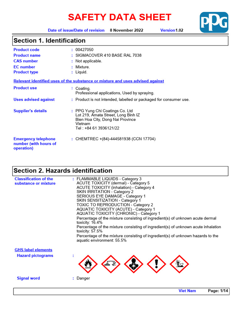 Sigmacover 410 Base RAL 7038 | PDF | Toxicity | Waste