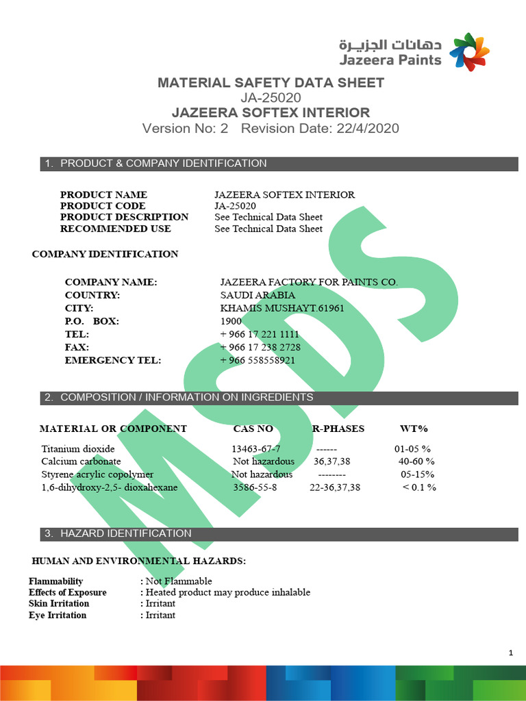 Jazeera Softex Interior-Msds | PDF | Materials | Chemical Substances