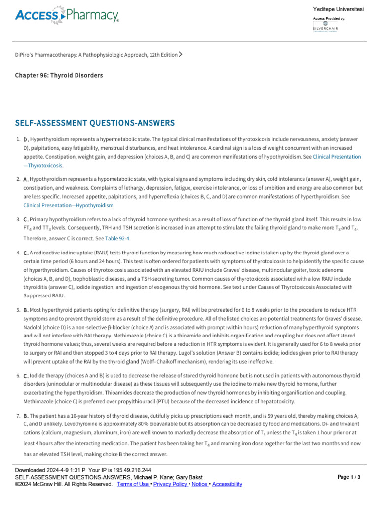 Self-Assessment Questions-Answers | PDF | Hyperthyroidism | Thyroid Disease