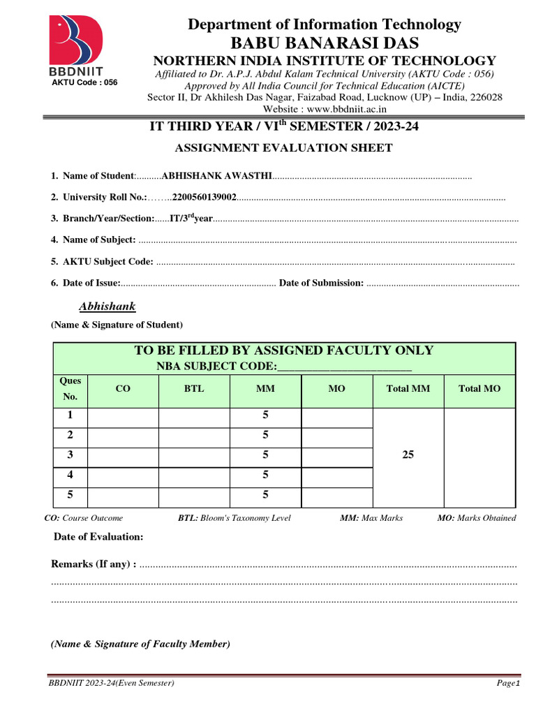 Assignment Evaluation Sheet | PDF | Computers