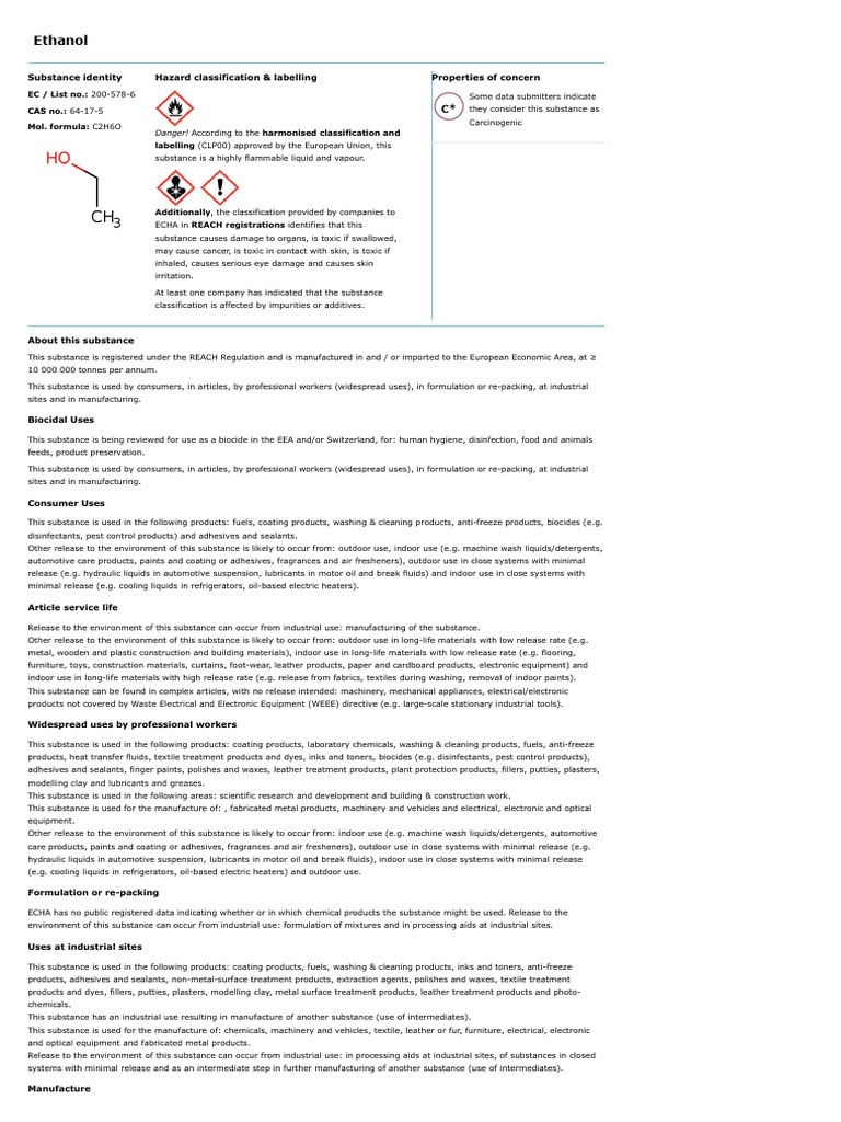 ETHANOL Substance Information - ECHA Print | PDF | Paint | Lubricant