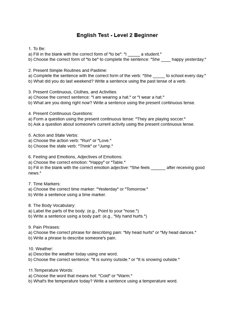 English Test. Level 2. Beginner | PDF | Grammatical Tense | Verb