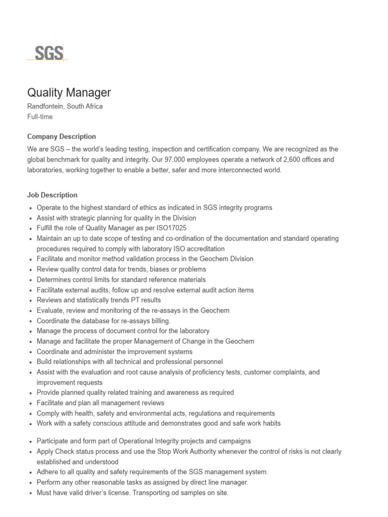 SGS Quality Manager - SmartRecruiters | PDF | Safety | Laboratories