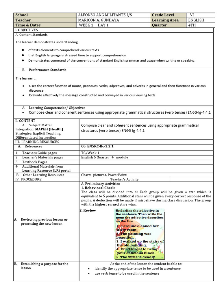 LESSON PLAN VERB GRADE VI | PDF | Verb | English Language