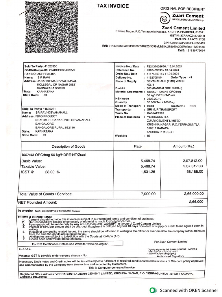 Zuari Cement Invoice - 15.04.24 | PDF