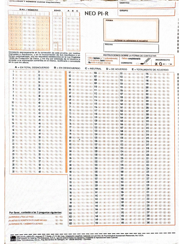 Cuadernillo de Respuesta NEO PI-R | PDF