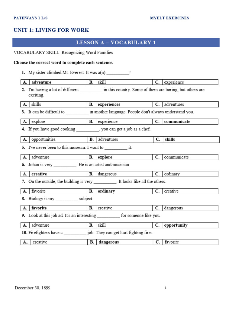 MyELT - PW1 - U1 - LS - Lesson A - KEY | PDF | Vocabulary | Adjective