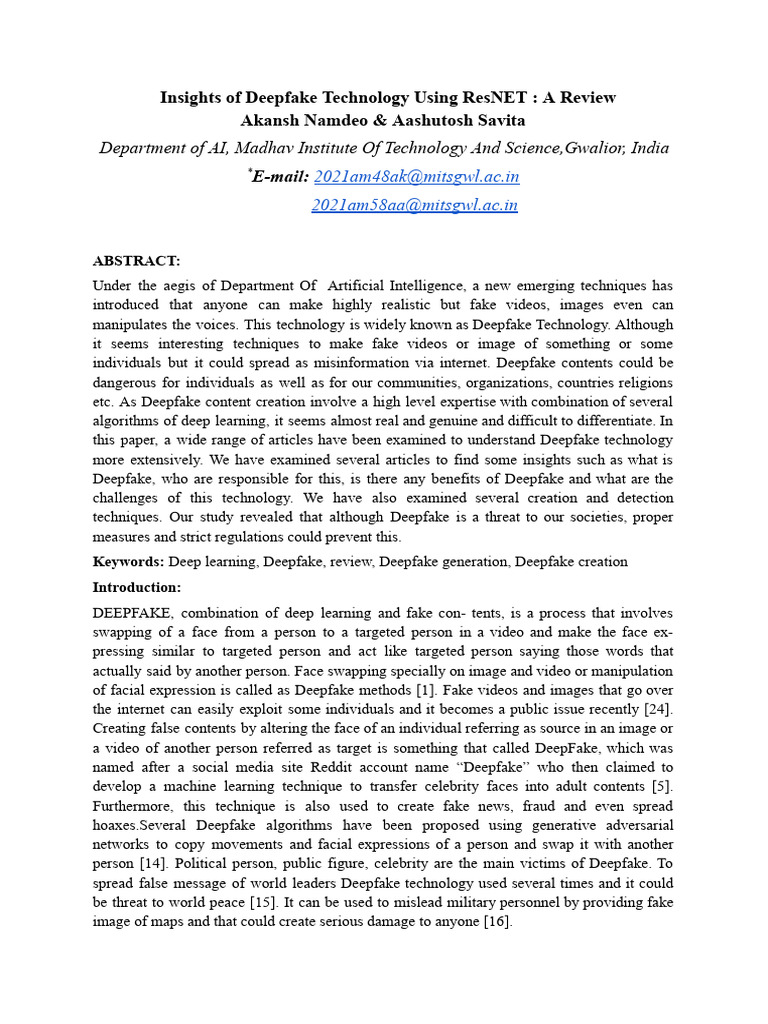 Deepfake Tech Review Using ResNET | PDF | Computer Vision | Deep Learning