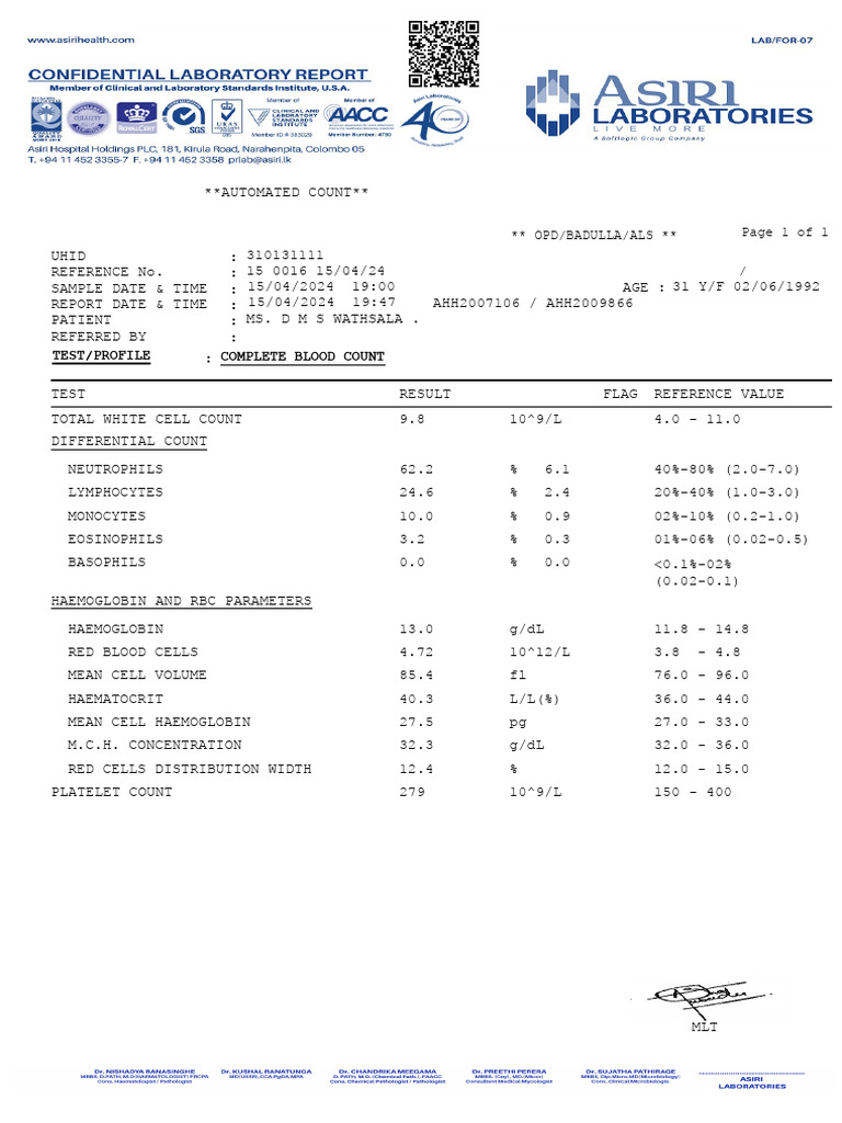 Test/Profile Complete Blood Count: Opd/Badulla/Als / Page 1 of 1 | PDF