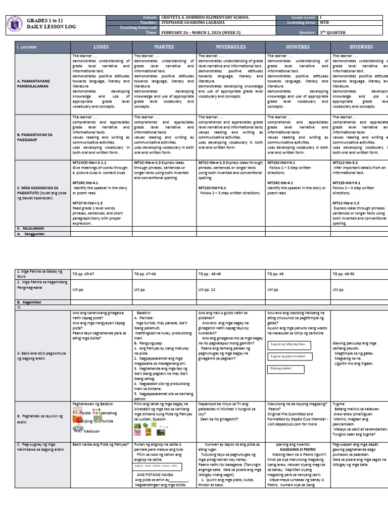 DLL - MTB 1 - Q3 - W5 | PDF | Vocabulary | Learning