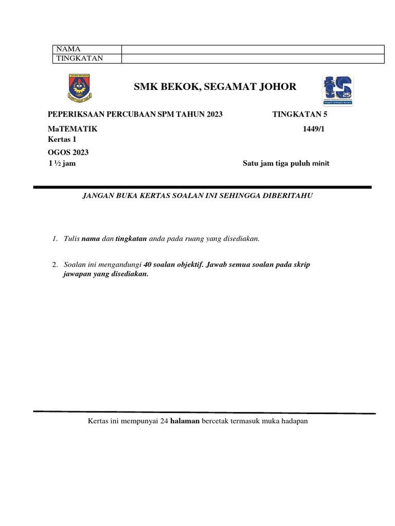 Muka Depan Matematik Kertas 1 | PDF