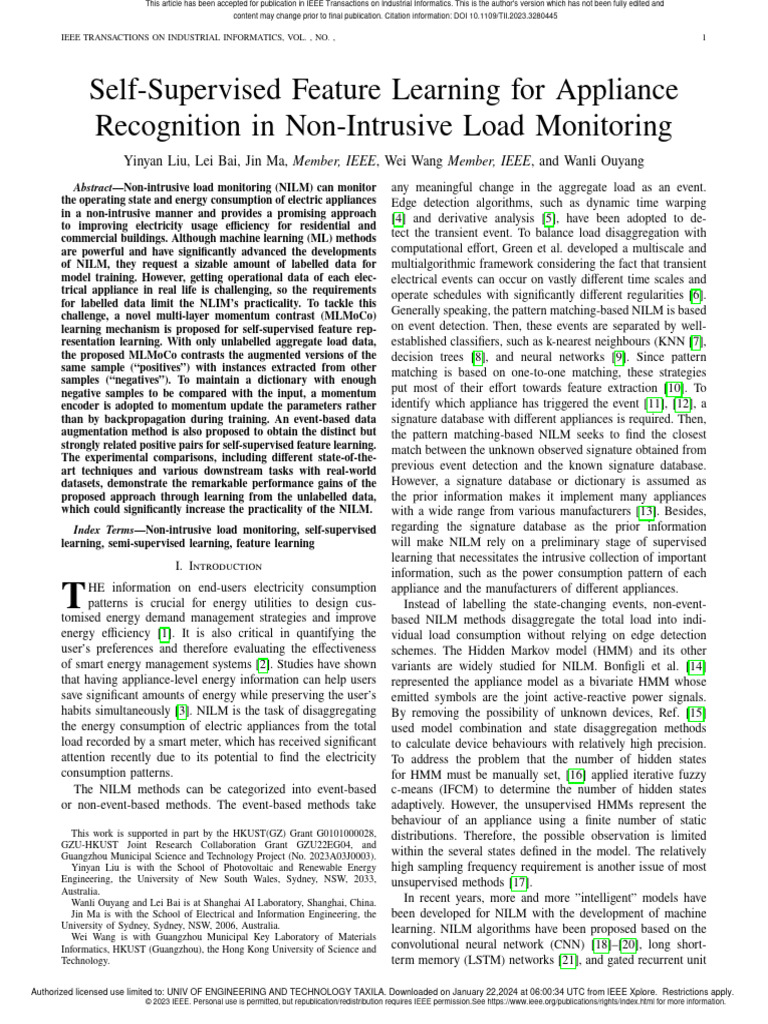 Self Supervised Feature Learning For Appliance Recognition In Non Intrusive Load Monitoring