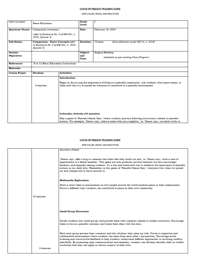GRADE2-peace and Val Ed Catch-Up Plan | PDF | Peace | Conflict Resolution