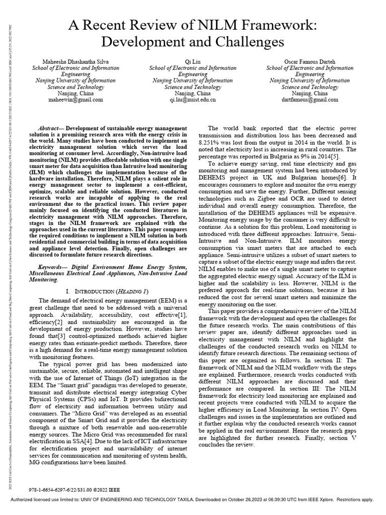 A Recent Review of NILM Framework Development and Challenges | PDF ...