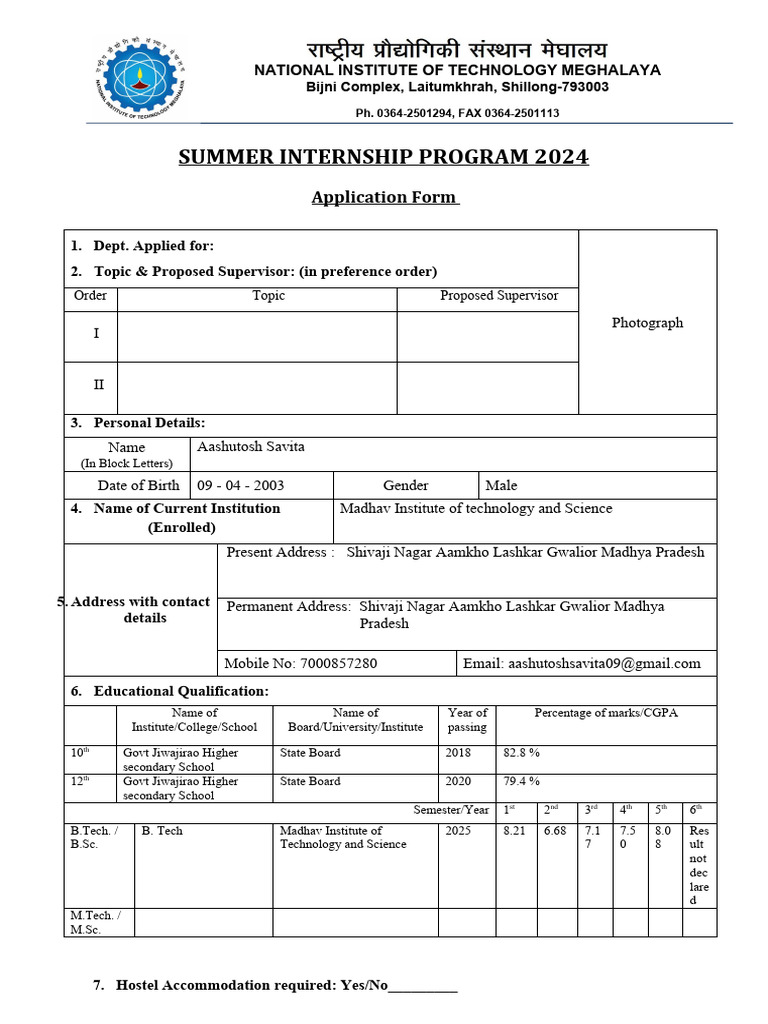 NIT Maghalaya Aplication Form | PDF