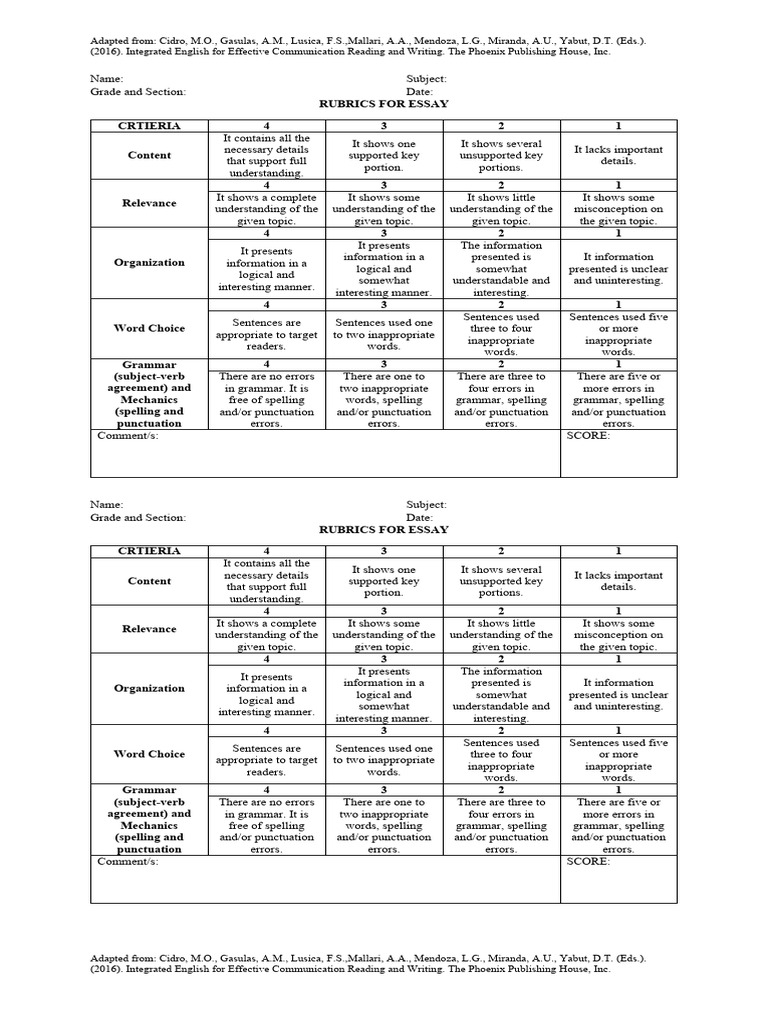 Rubrics For Essay Writing | Download Free PDF | Grammar | Language ...