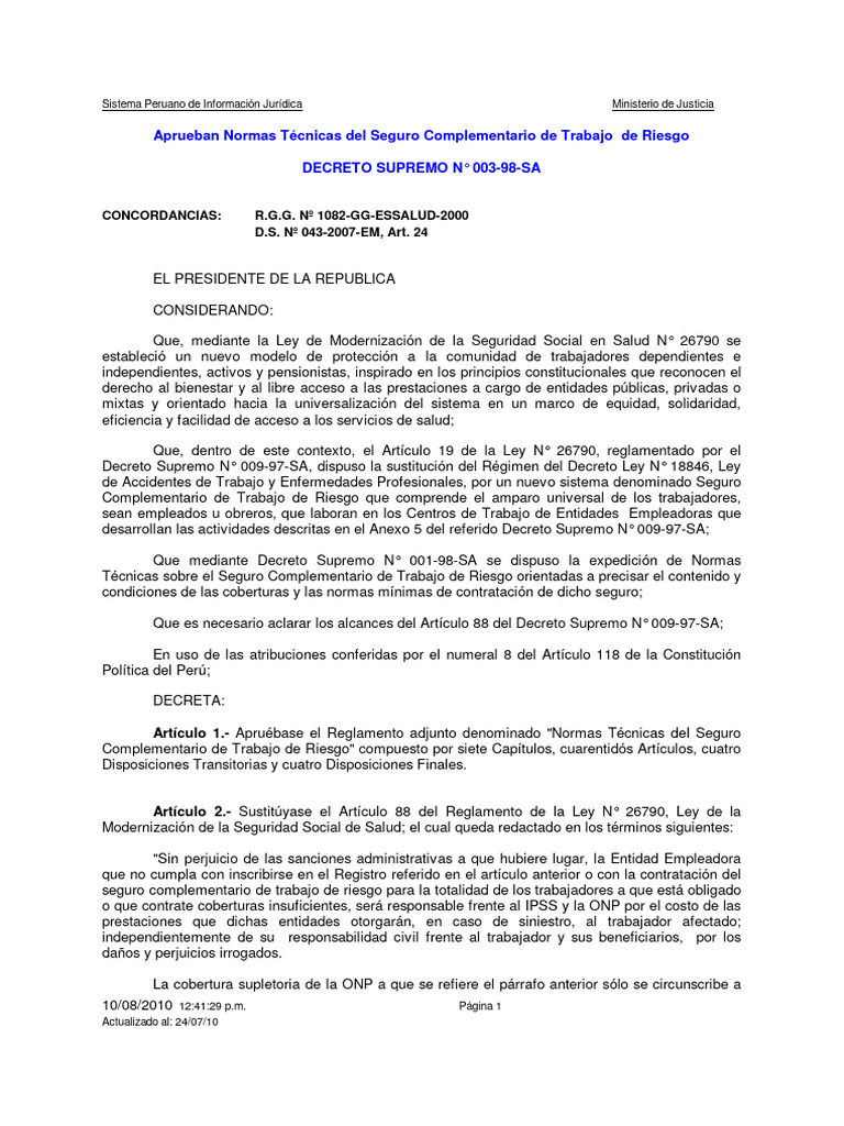 Ds-003-1998-Sa. SCTR | PDF | Póliza de seguros | Seguro