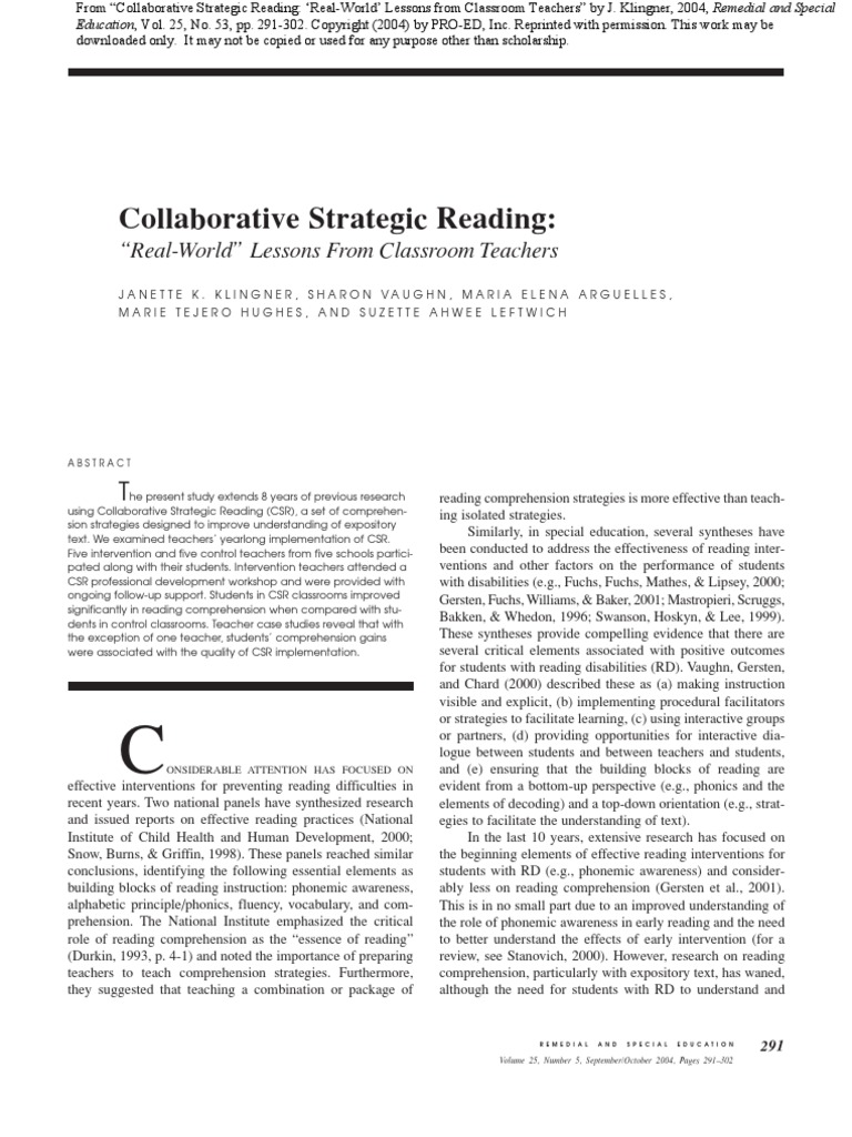 Klingner Et Al Collaborative Strategic Reading | PDF | Reading ...