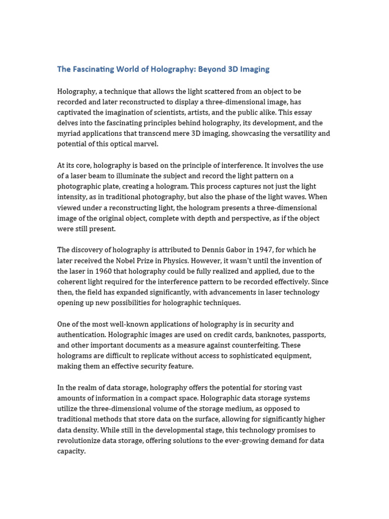 The Fascinating World of Holography Beyond 3D Imaging | PDF ...