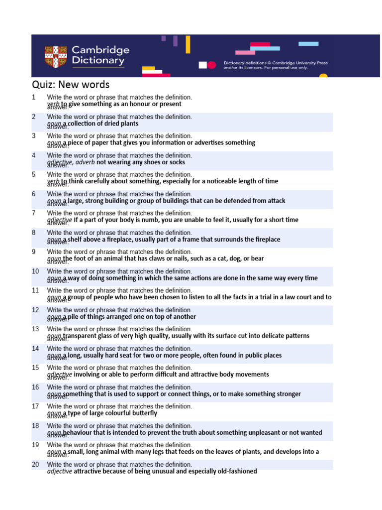Quiz-New Words | PDF | Noun | Adjective