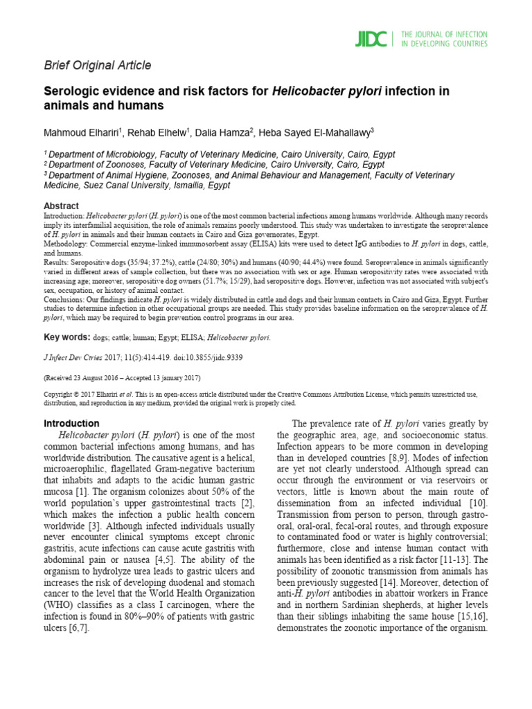 Serologic Evidence and Risk Factors For Helicobacter Pylori Infection ...