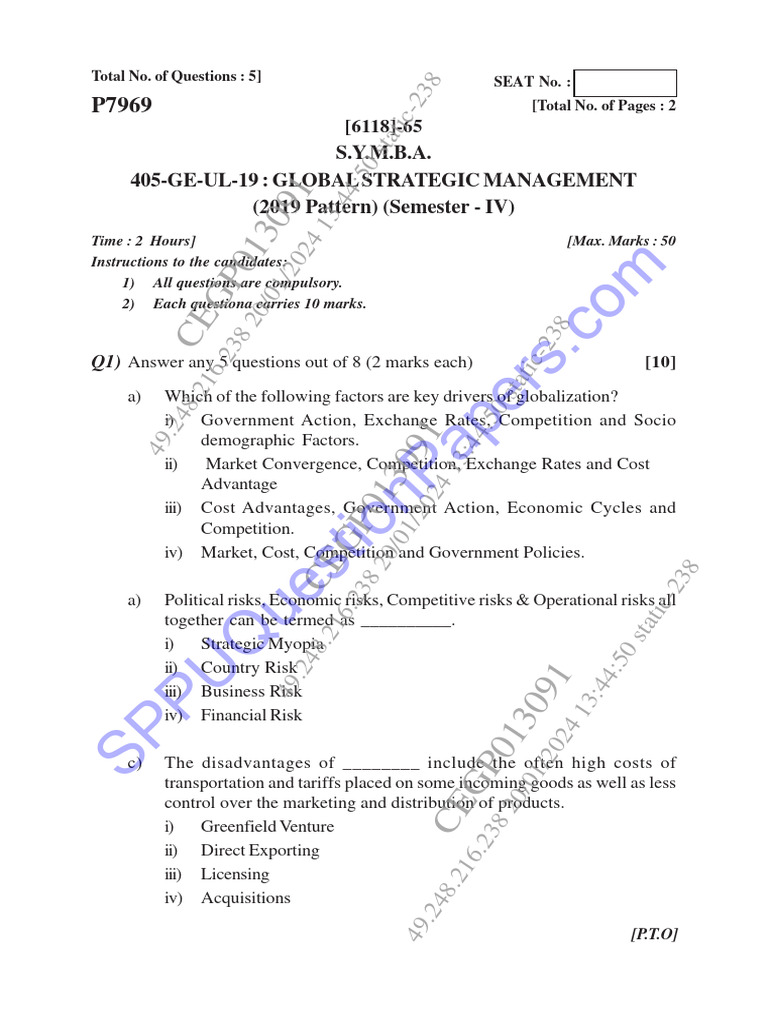 SPPU Question Paper On Global-Strategic-Management Pattern-2019 | PDF | Business Economics ...