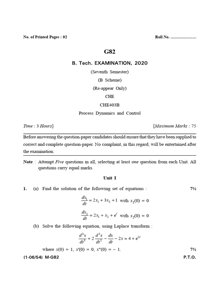 Btech Che 7 Sem Process Dynamics and Control g82 2020 | PDF | Control Theory | Mechanics