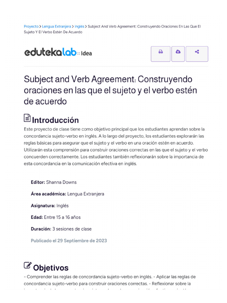 Subject And Verb Agreement_ Construyendo Oraciones En Las Que El Sujeto ...