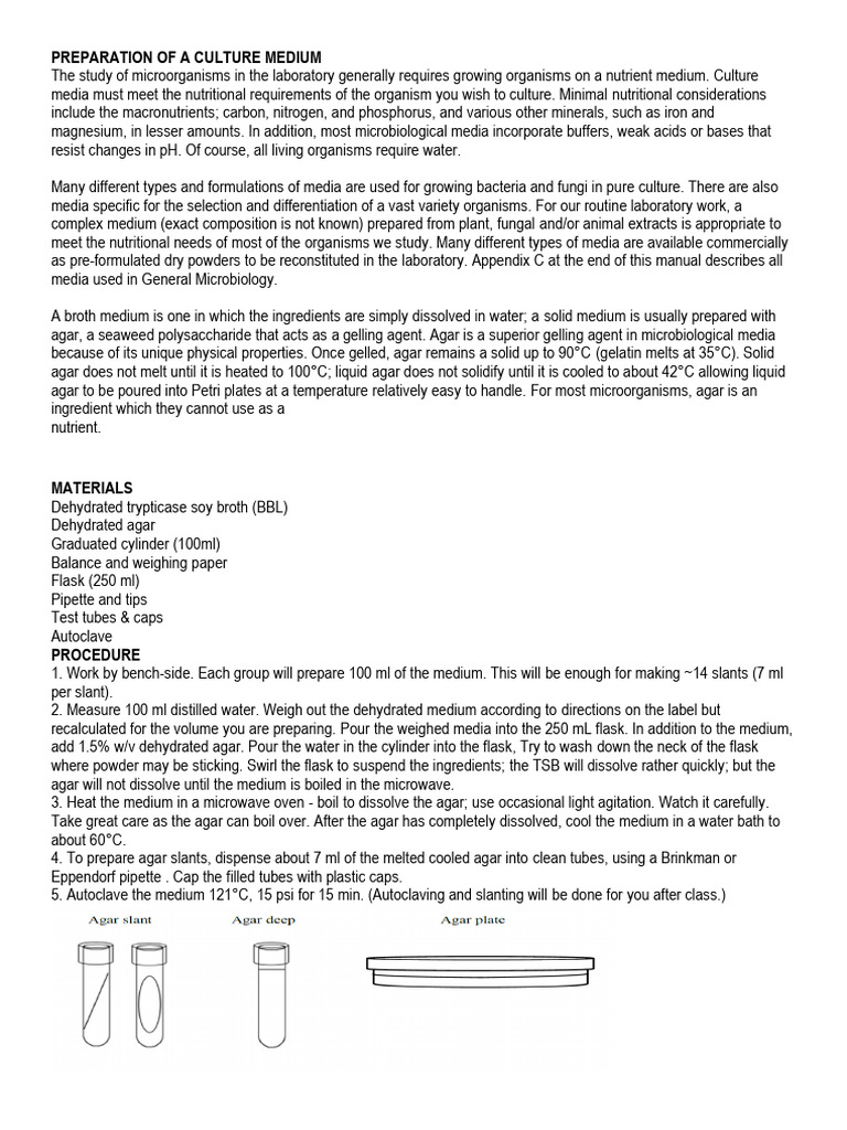 How to Prepare Culture Medium for Microbiology | PDF | Growth Medium | Agar