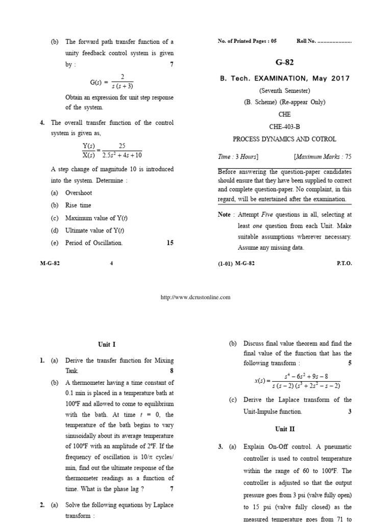 Btech Che 7 Sem Process Dynamics and Control Che403b May 2017 | PDF | Temperature | Physics