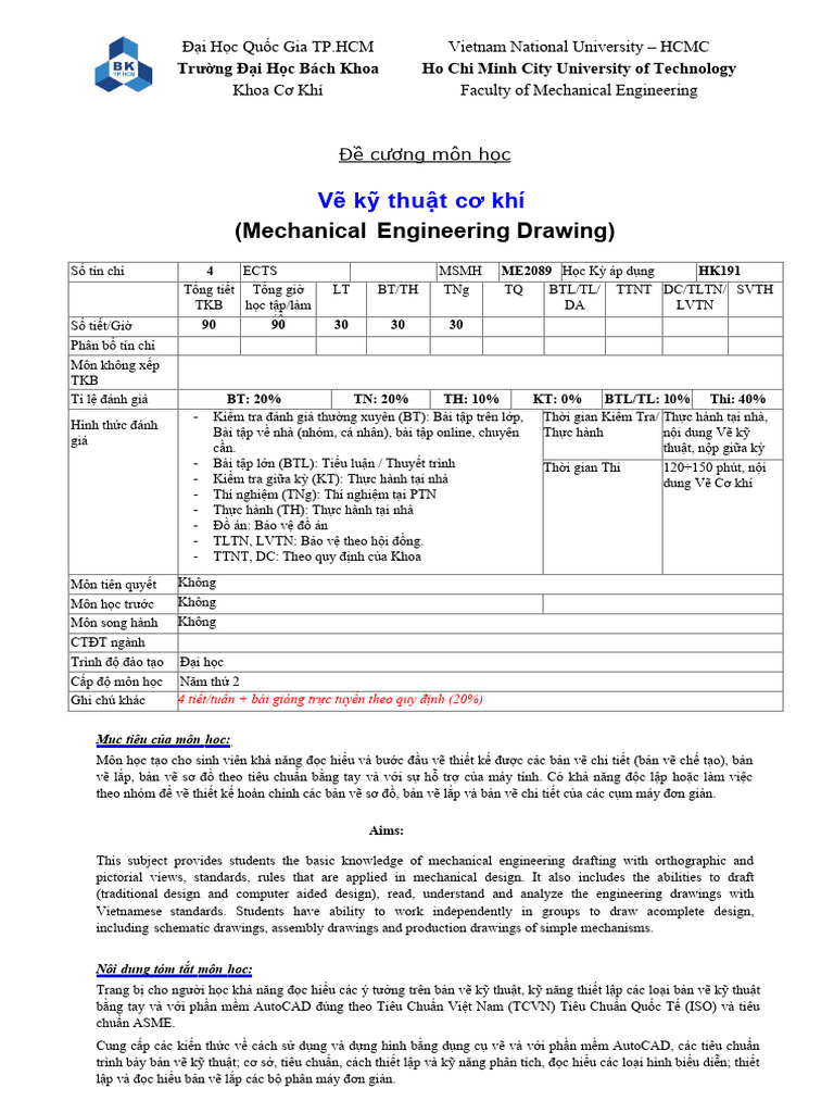 De Cuong Mon Hoc Ve Ky Thuat Co Khi (ME2089) | PDF