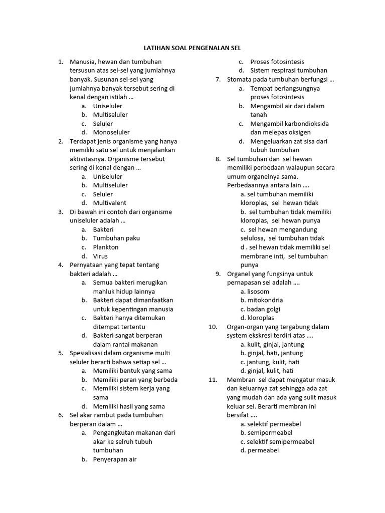 Soal Pengenalan Sel Kelas 8 | PDF