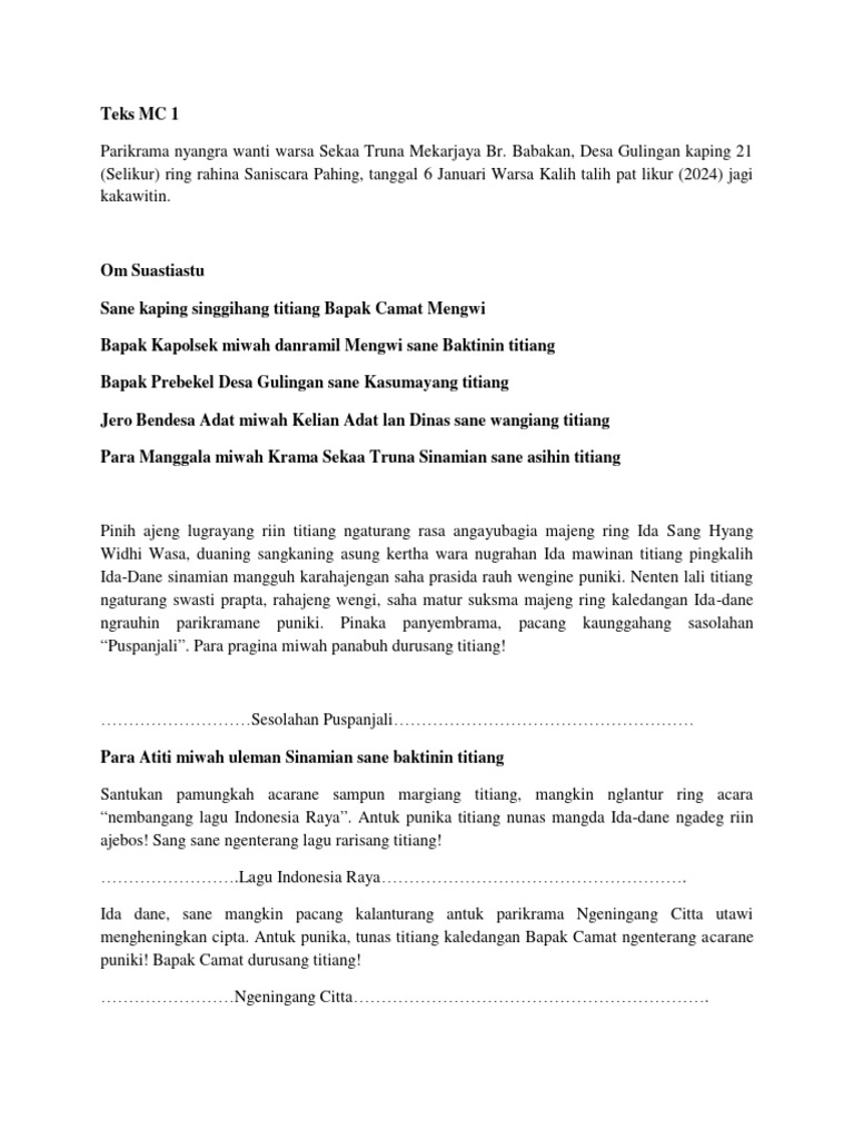 Teks MC Lomba Bulan Bahasa Bali 2024 | PDF